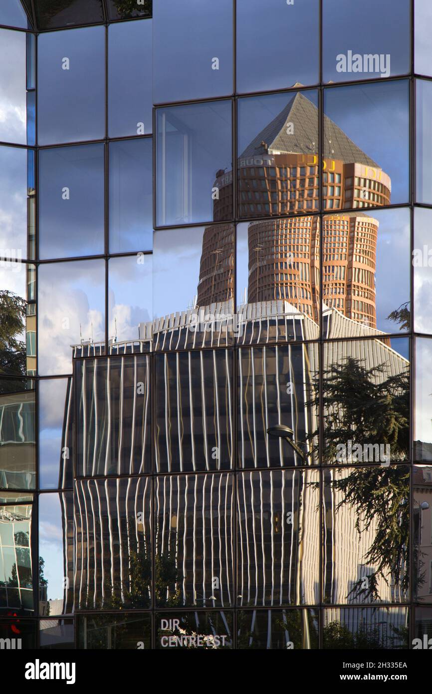 France, Lyon, skyscrapers, reflexion in a window, modern architecture ...