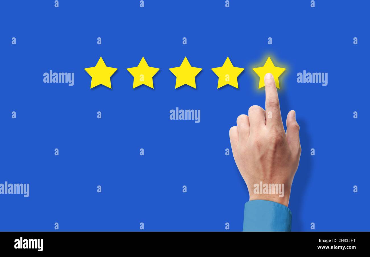 Customer satisfaction Concept. hand Rating five Star on blue background ...