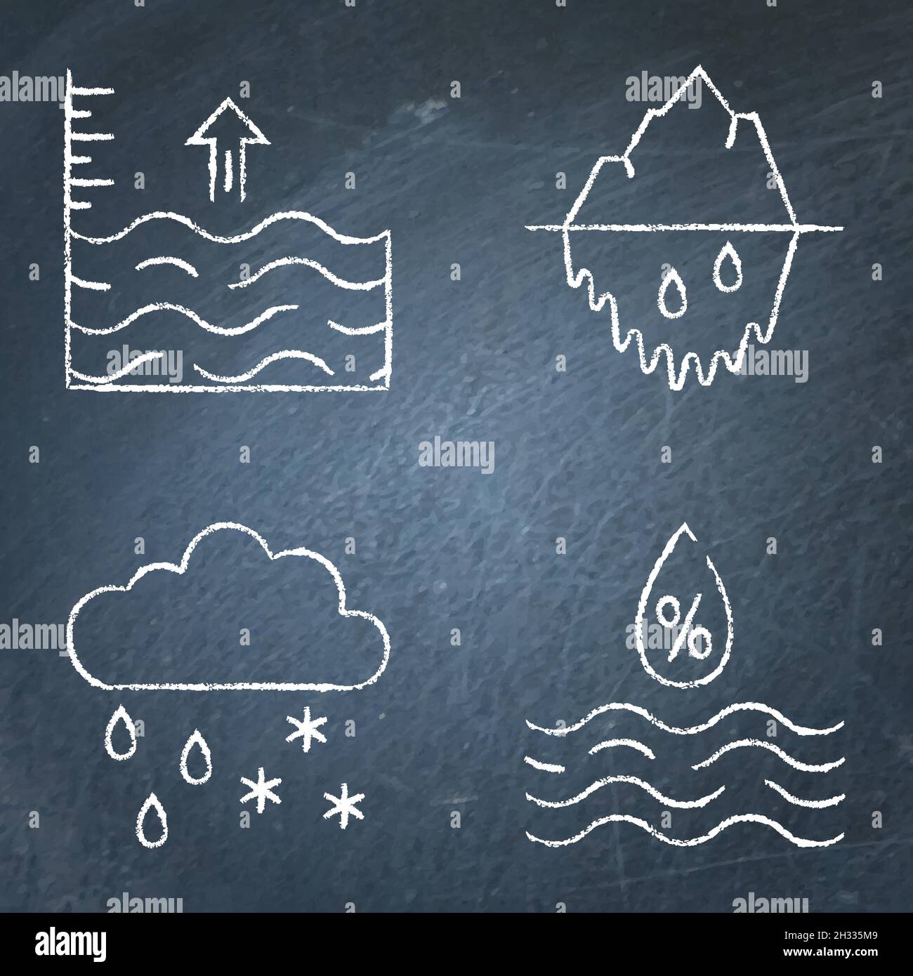 Chalkboard ecology and climate change icon set. Melting iceberg ...