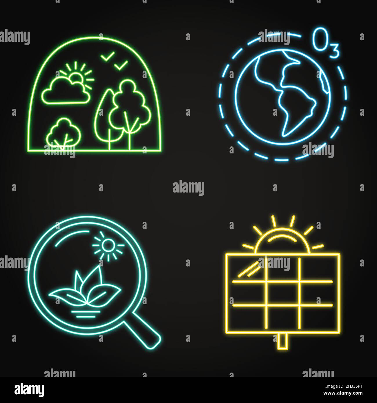 Neon ecology and climate change icon set. Ozone layer, solar panel ...