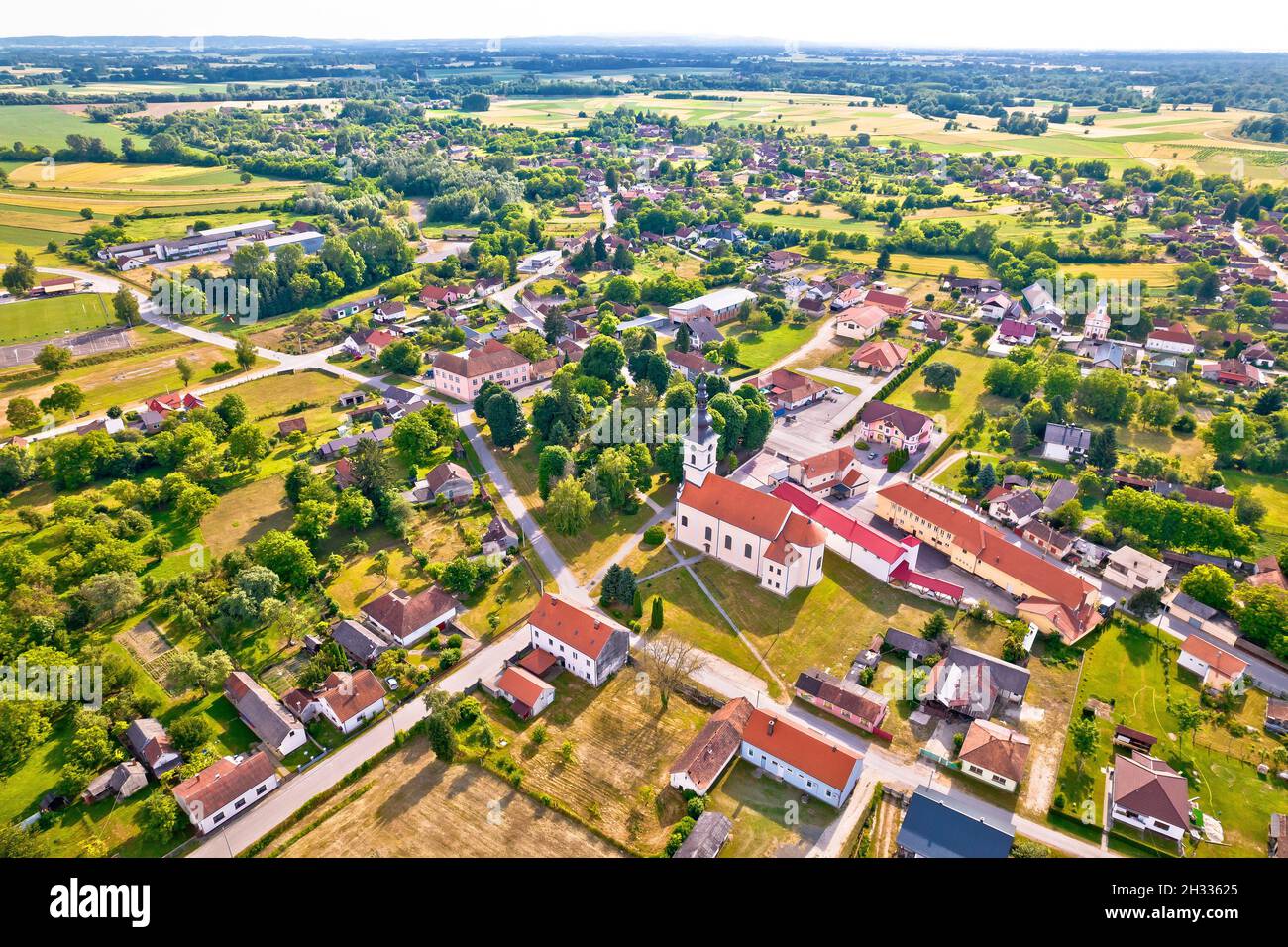 Village of Legrad church and green landscape aerial view, Podravina ...
