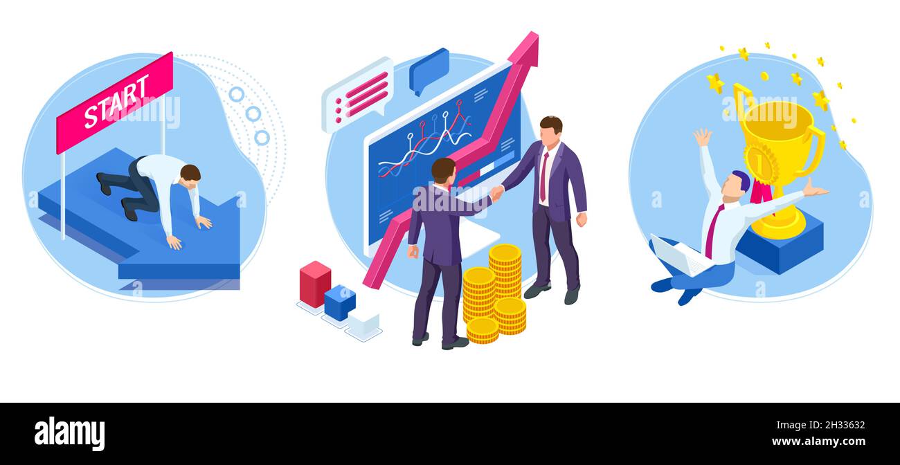 Isometric Successful business collaboration. B2B. Data and key ...