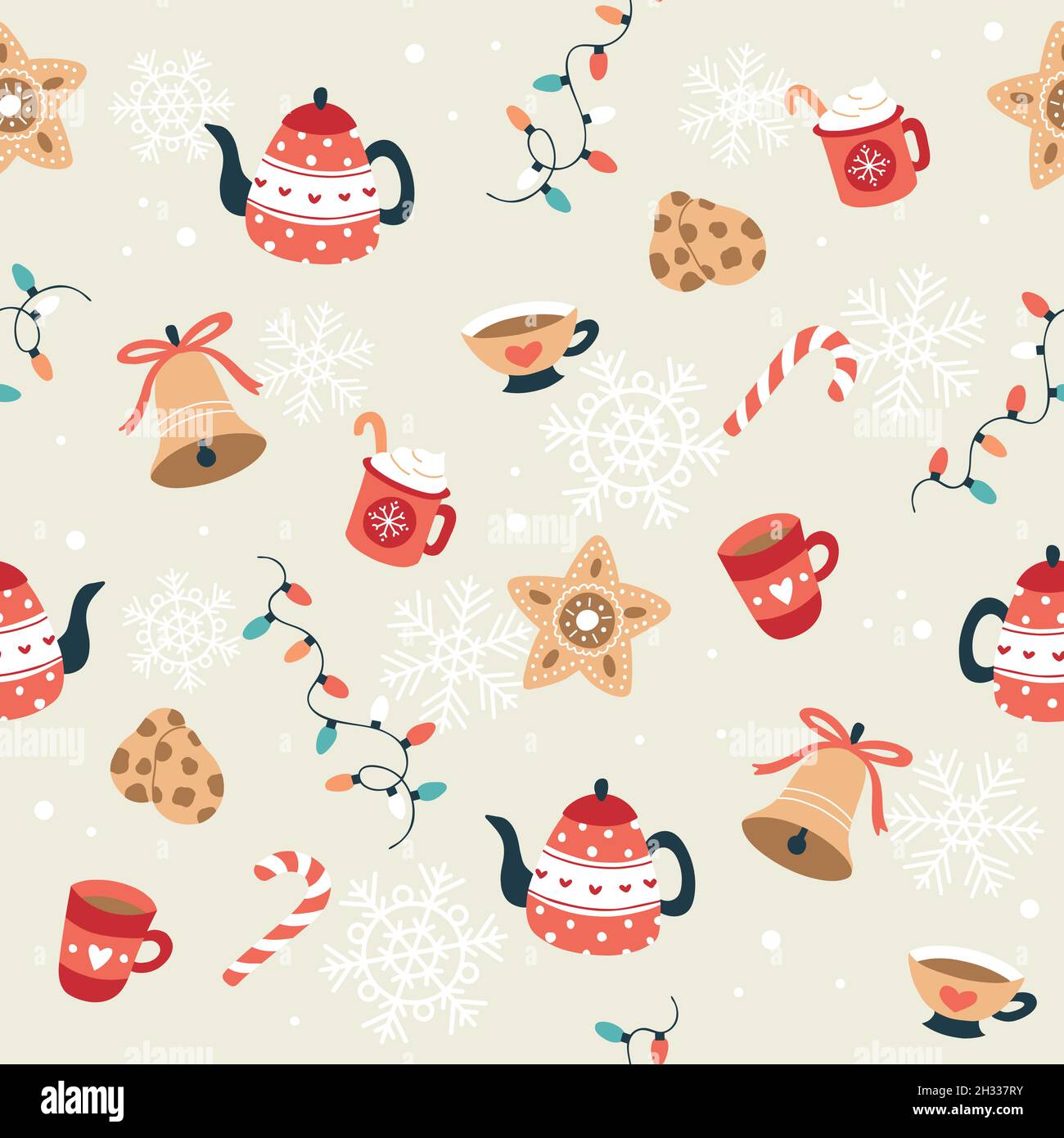 Christmas pattern with cute bells, teapots and cups. Festive background ...