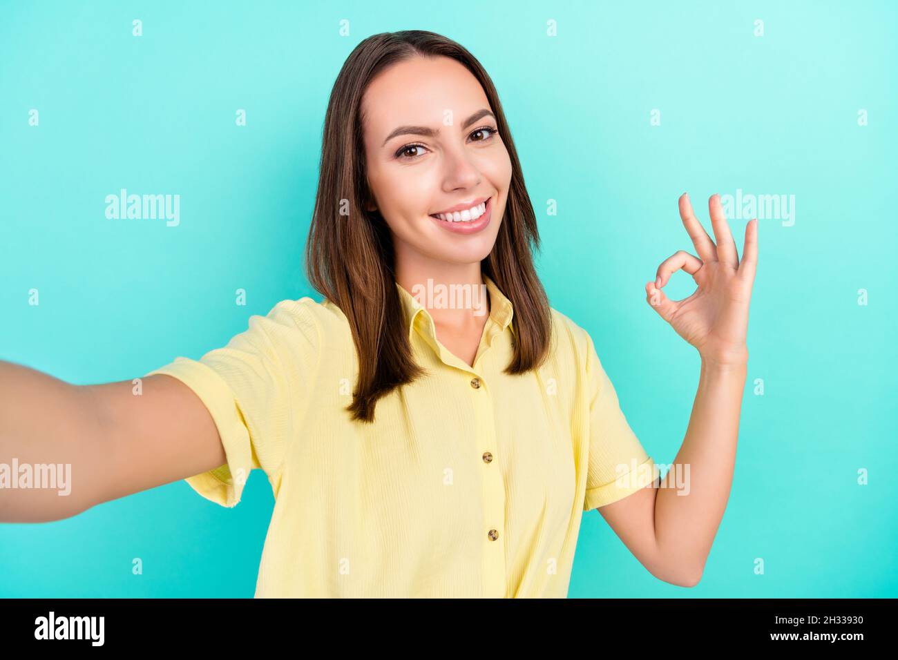Photo Of Impressed Millennial Brunette Lady Do Selfie Show Okey Wear
