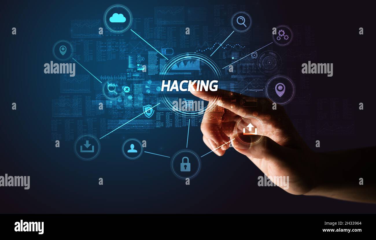 Hand touching cybersecurity button concept Stock Photo - Alamy