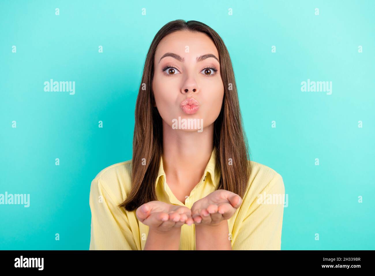 Photo Of Lovely Millennial Brunette Lady Blow Kiss Wear Yellow Blouse