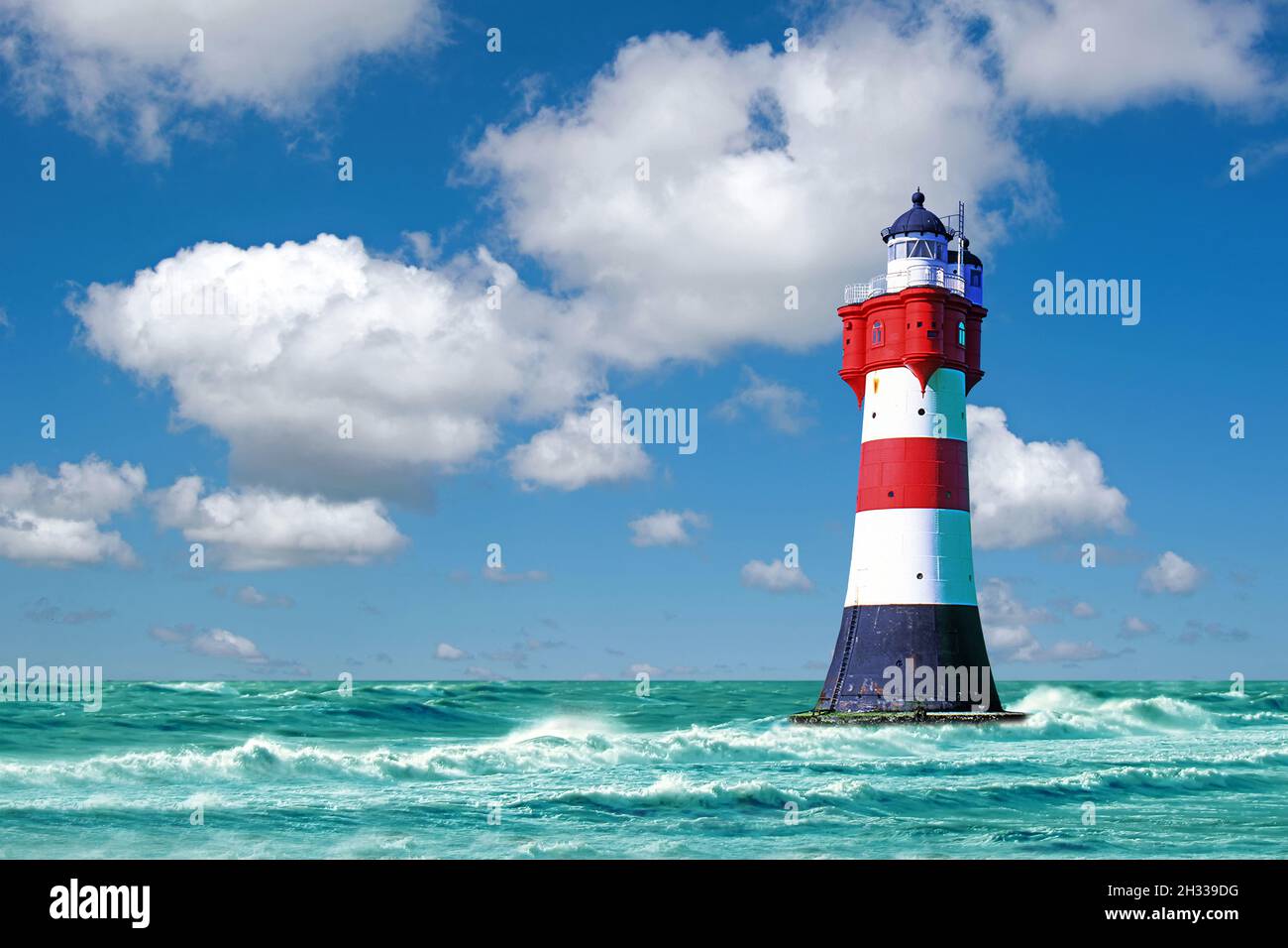 Der Leuchtturm Roter Sand. Himmel, Cumulus, Wolken, blauer Himmel ...