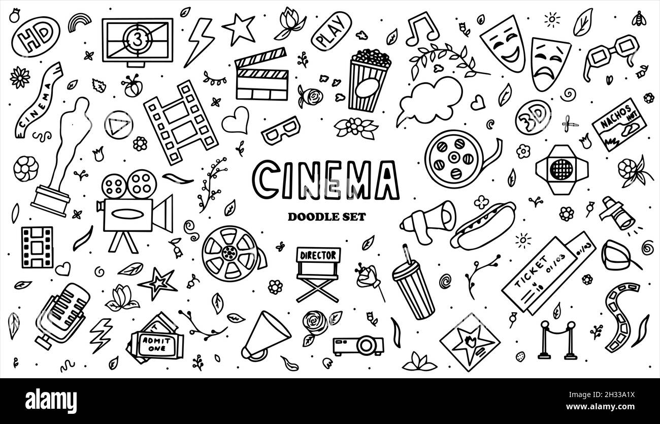 Cinema, TV Shows, Series and Movies Funny Doodle Vector set. Hand drawn ...