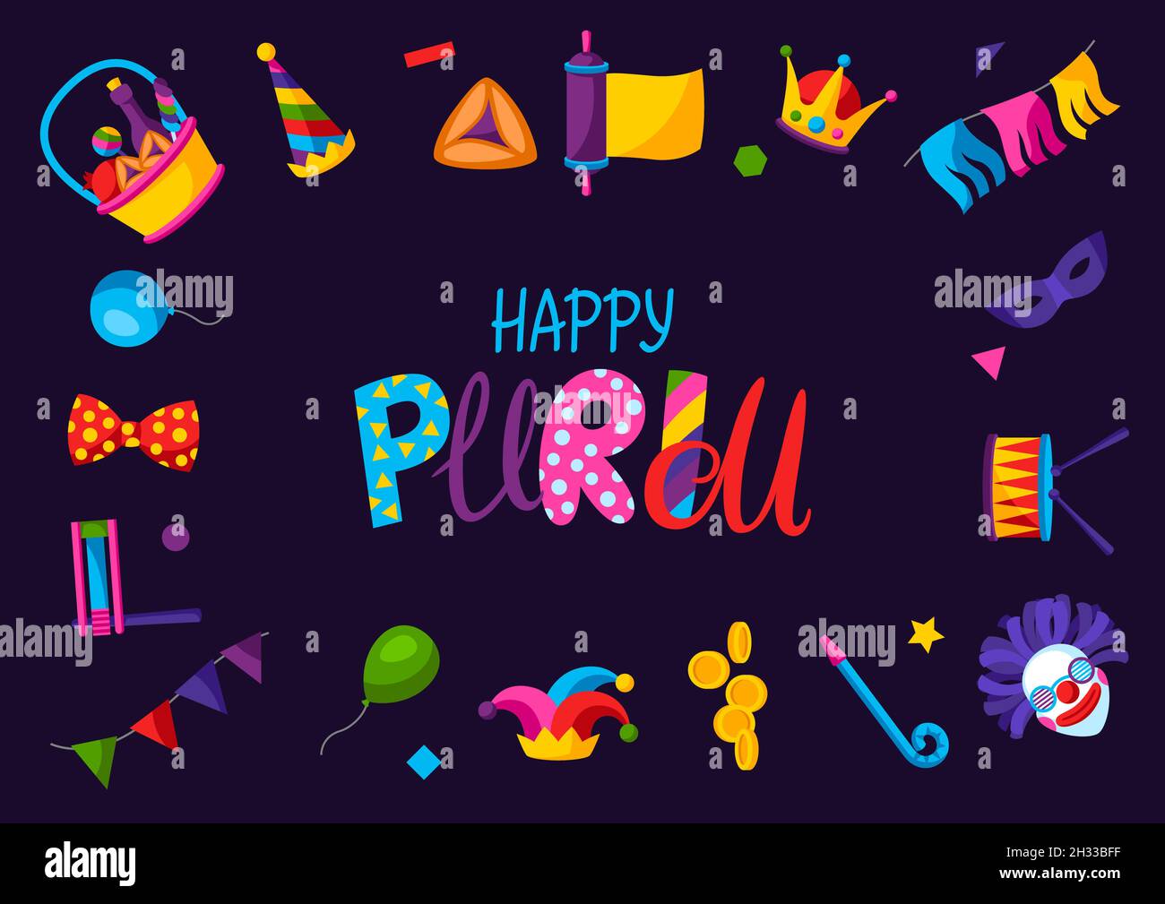 Happy Purim Jewish holiday frame. Background with traditional symbols ...