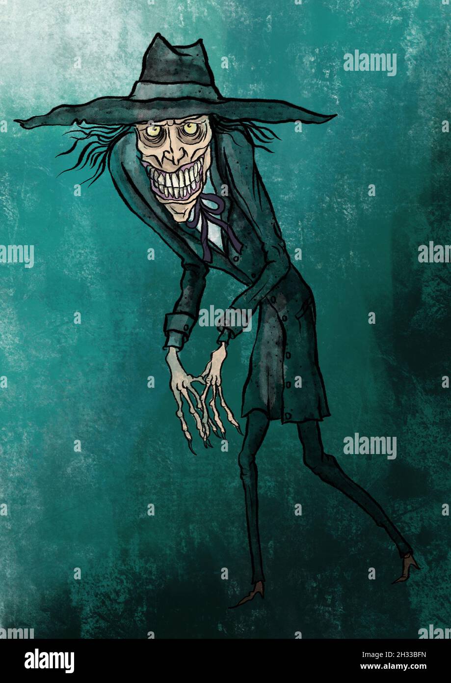 a creepy spooky ghost in hat grinning hand drawn illustration Stock ...