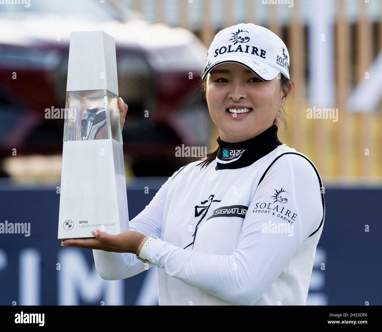 24 October 2021 - Busan, South Korea : Ko Jin-Young of South Korea, lifts her winners trophy ...