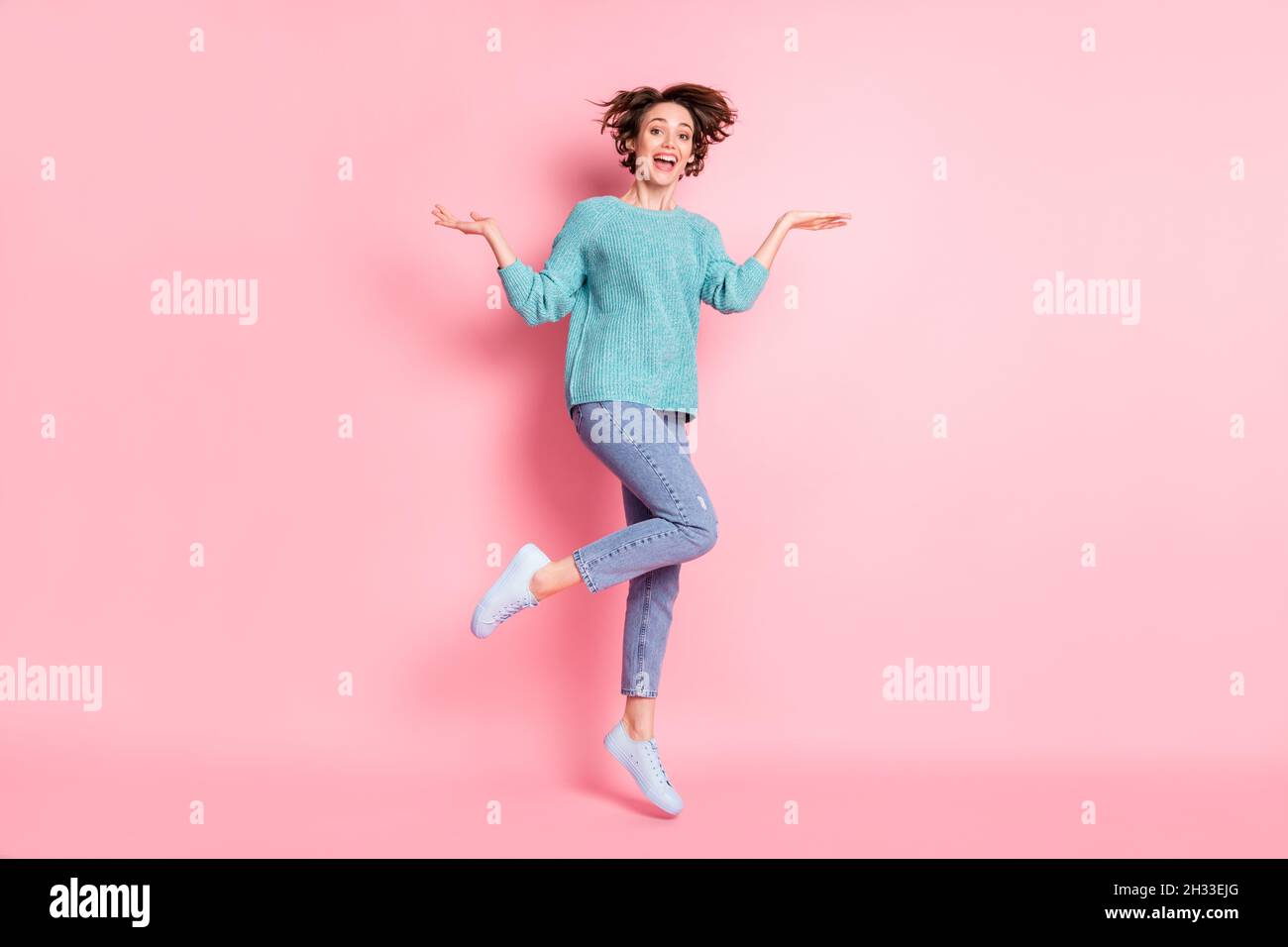 Full length body size photo girl childish careless playful happy ...