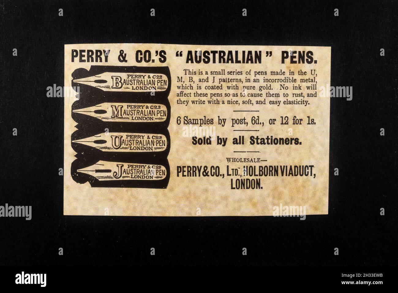 Victorian era advert (replica) for Perry & Co's "Australian" pens Stock ...