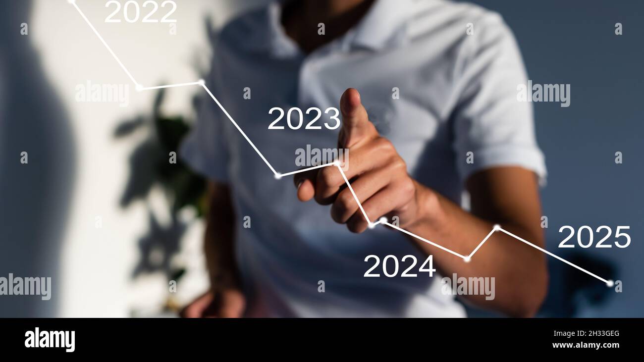 Finger pressing blue start 2023 button on virtual interface on gray ...