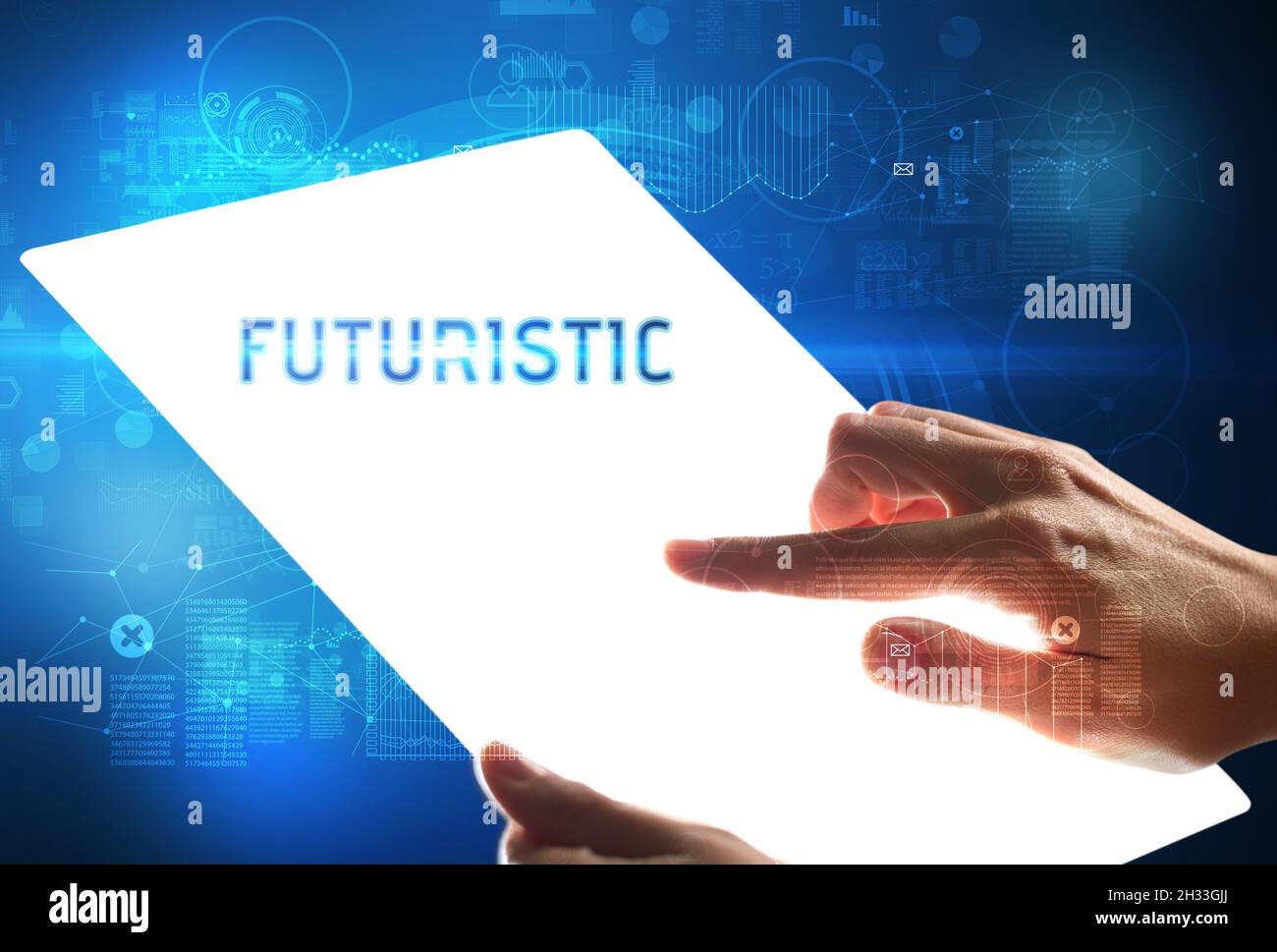 Hand holdig futuristic tablet , technology concept Stock Photo - Alamy