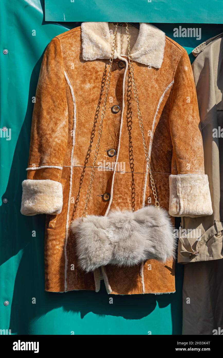 Goatskin Leather Coat and Fluffy Bag Winter Fashion Stock Photo - Alamy