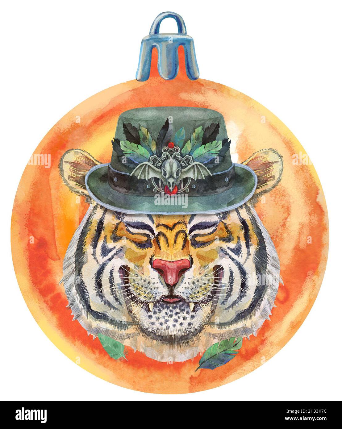 Watercolor Christmas orange ball with tiger isolated on a white ...