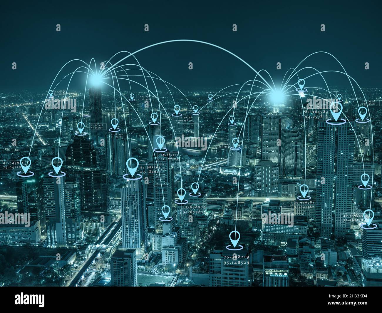 Computer Network connection line between building with location pin ...
