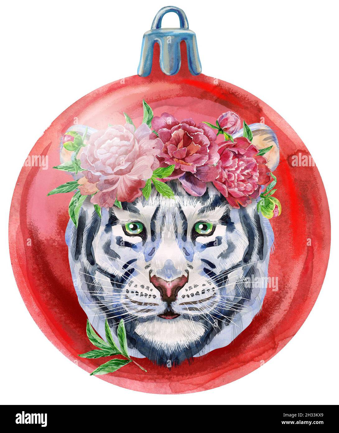 Watercolor Christmas red ball with tiger isolated on a white background ...