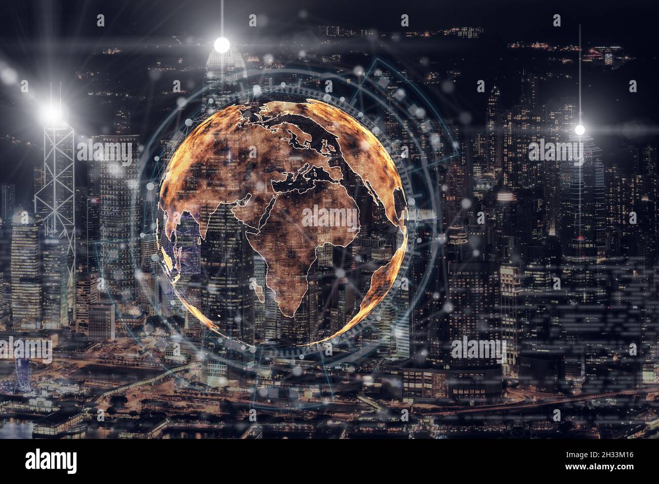 particle earth with technology network circle over the photo blurred of ...