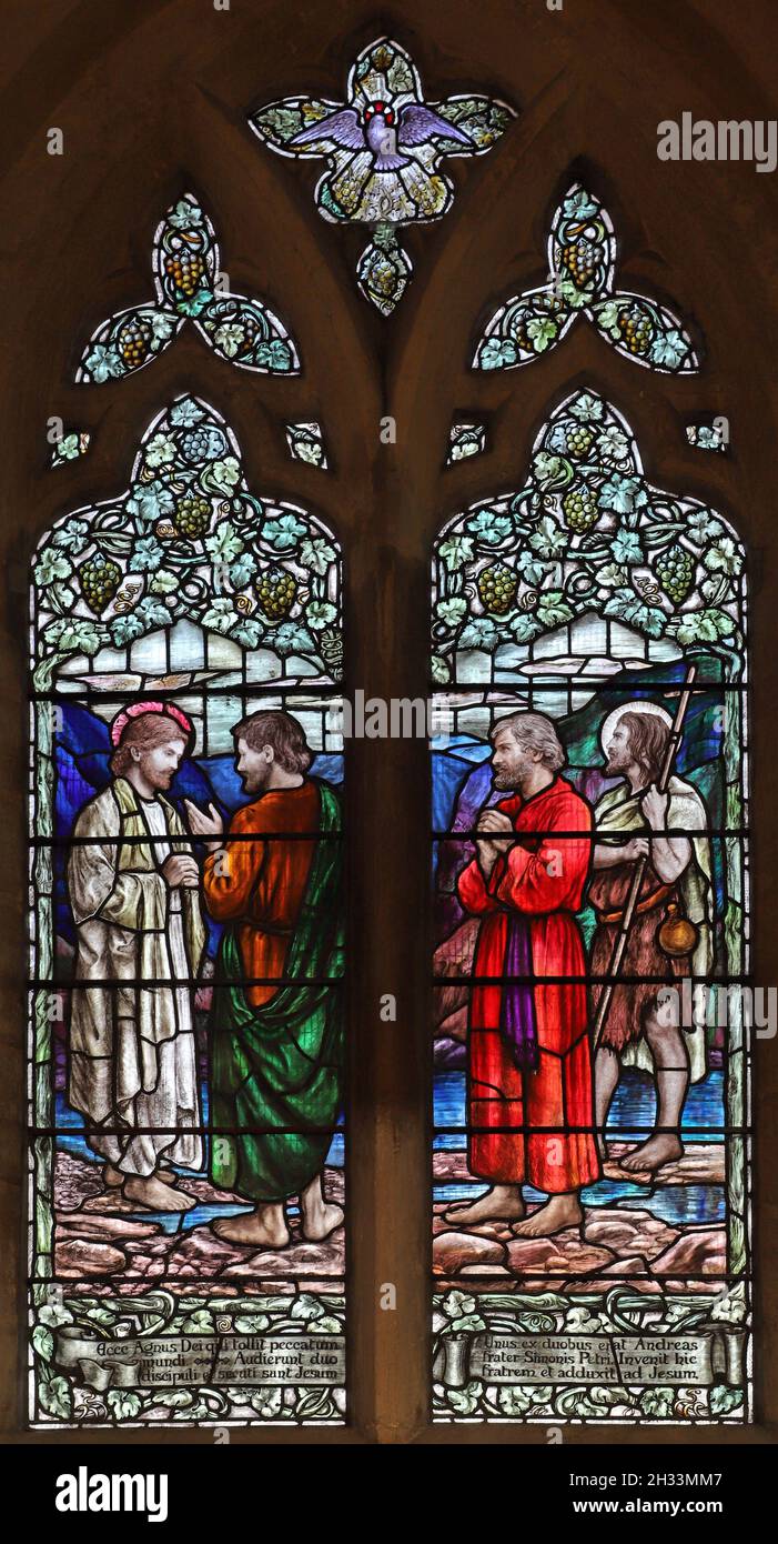 A stained glass window by Mary Lowndes depicting Jesus calling Andrew ...