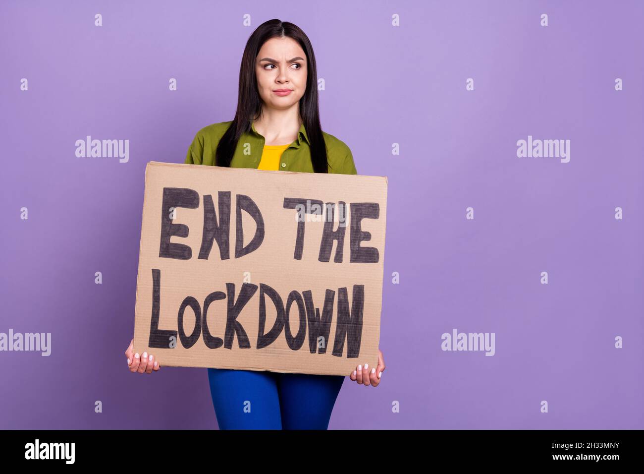 Photo of depressed sad lady dressed green clothes holding end lockdown ...