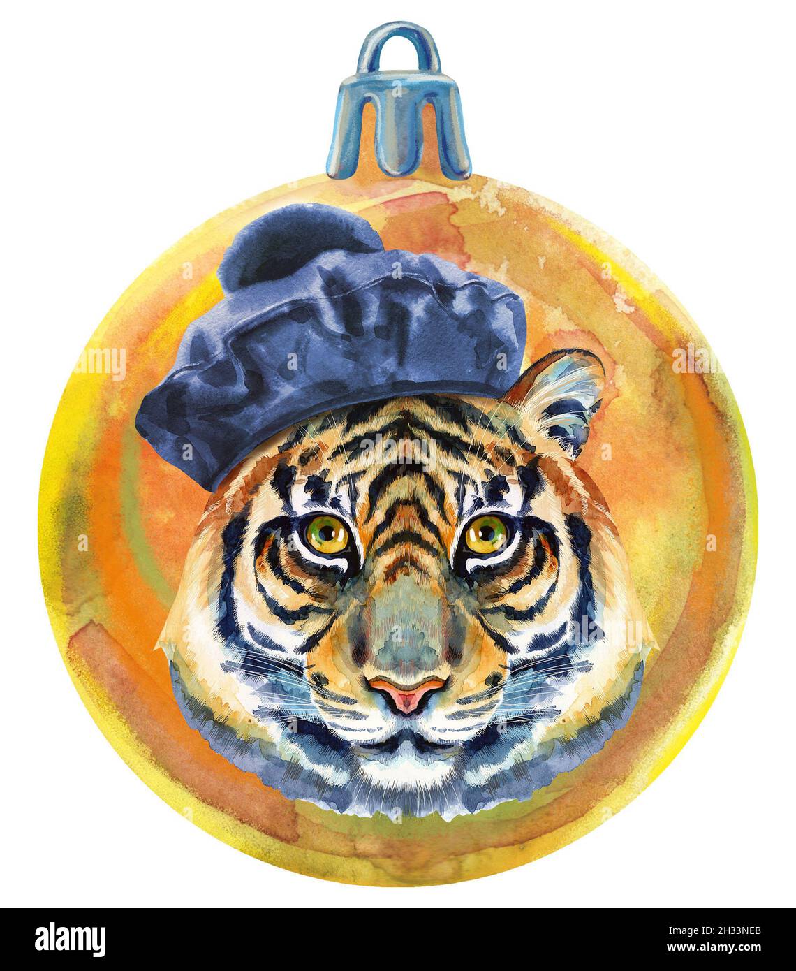 Watercolor Christmas ball with tiger isolated on a white background ...