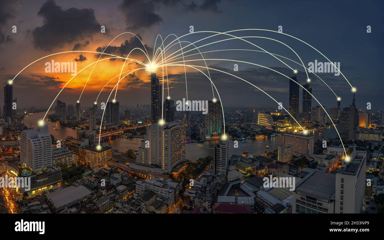 Computer Network connection line between building over Panorama of ...