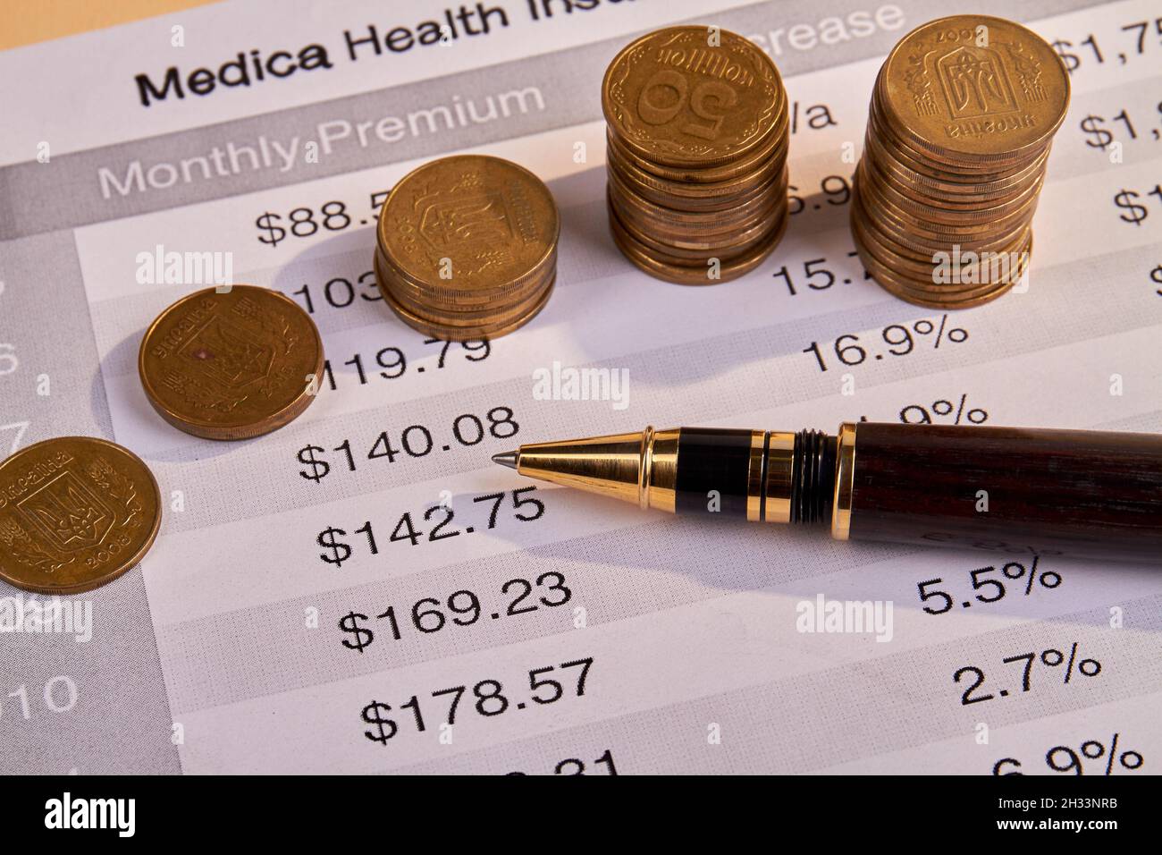 Medical health insurance bill with pen and coins Stock Photo - Alamy