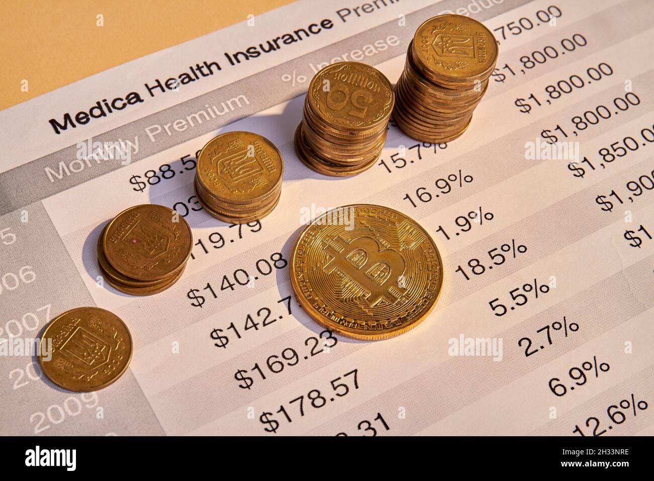 Medical health insurance bill and many golden coins Stock Photo - Alamy