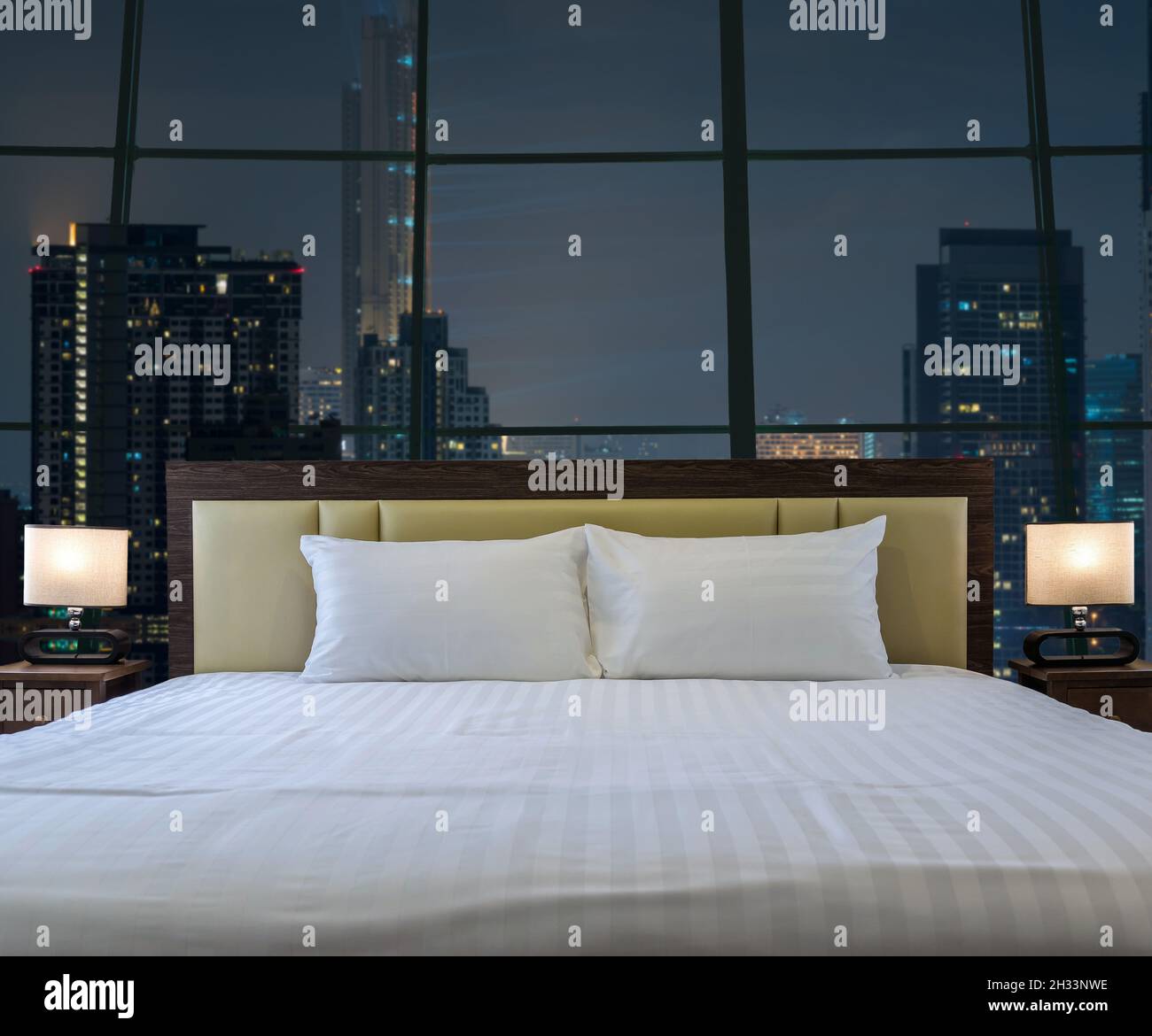 Luxury Interior bedroom with windows glass beside Top view of Bangkok ...