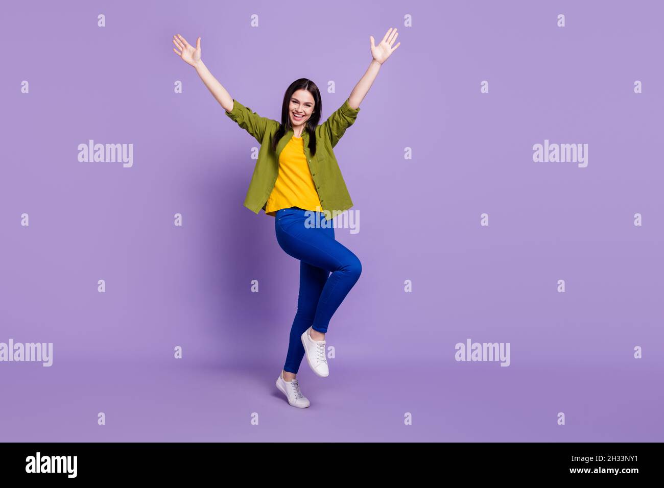 Full length photo of young cheerful girl happy positive smile have fun ...