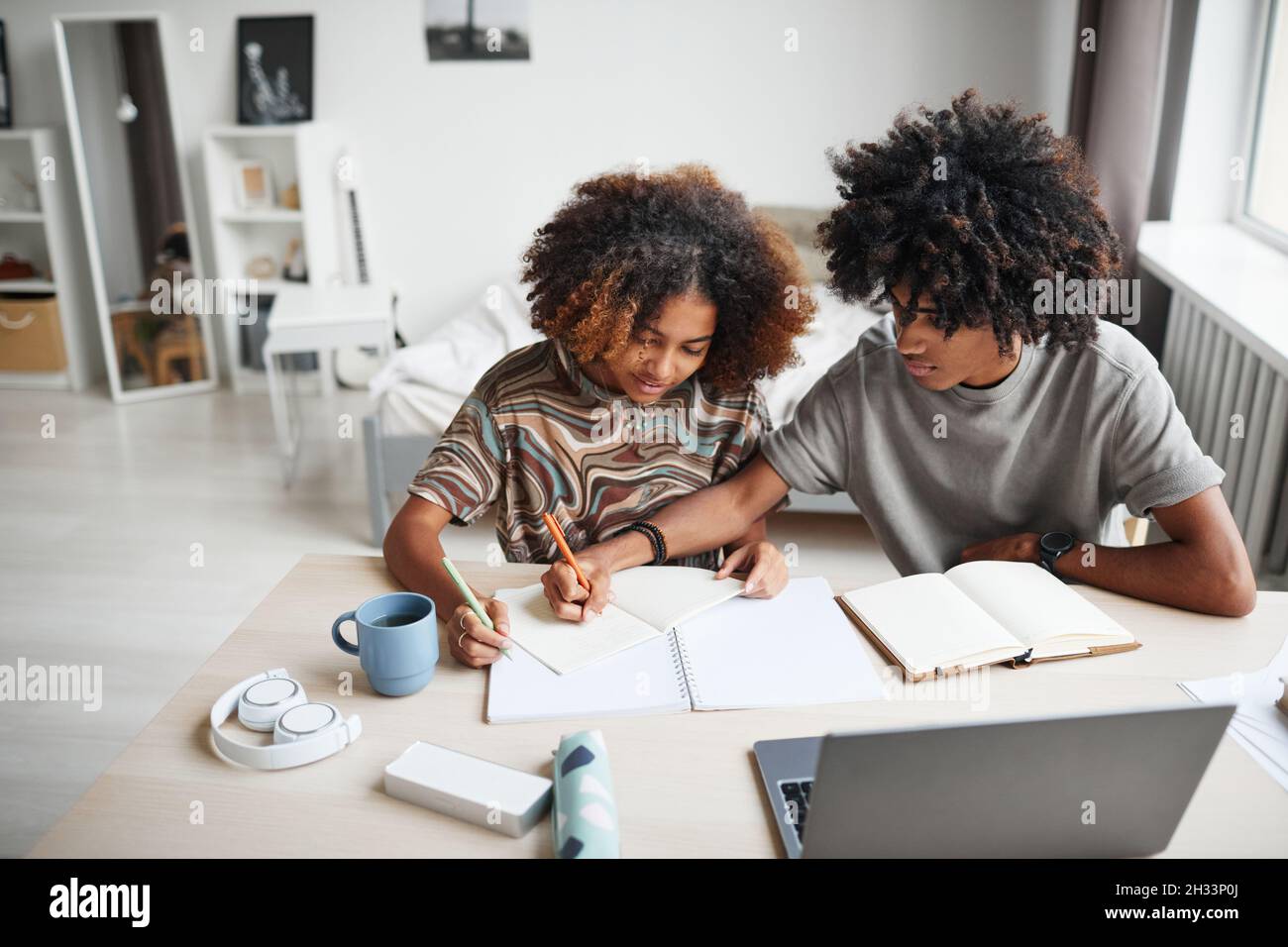 High angle portrait of two African-American teenagers studying together ...