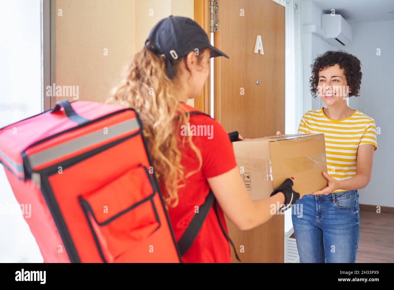 Delivery woman handing over a package to a female customer Stock Photo ...
