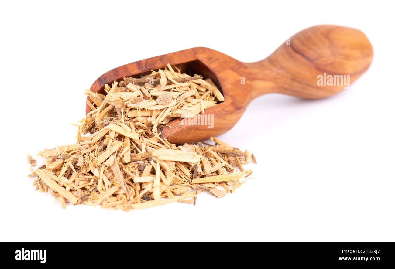 Muira Puama herbal tea in wooden scoop, isolated on white background ...