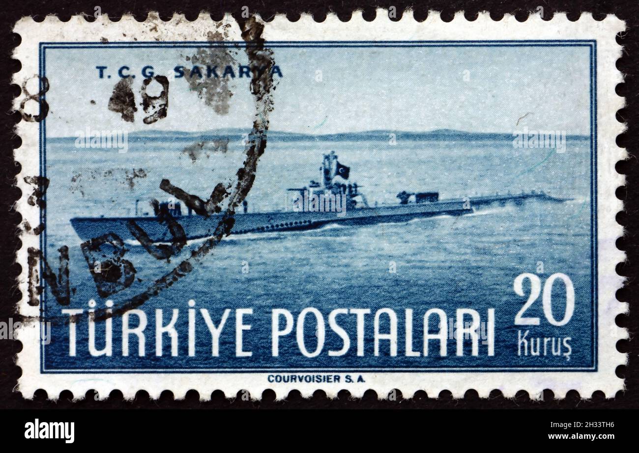 TURKEY - CIRCA 1949: a stamp printed in Turkey shows Submarine Sakarya ...
