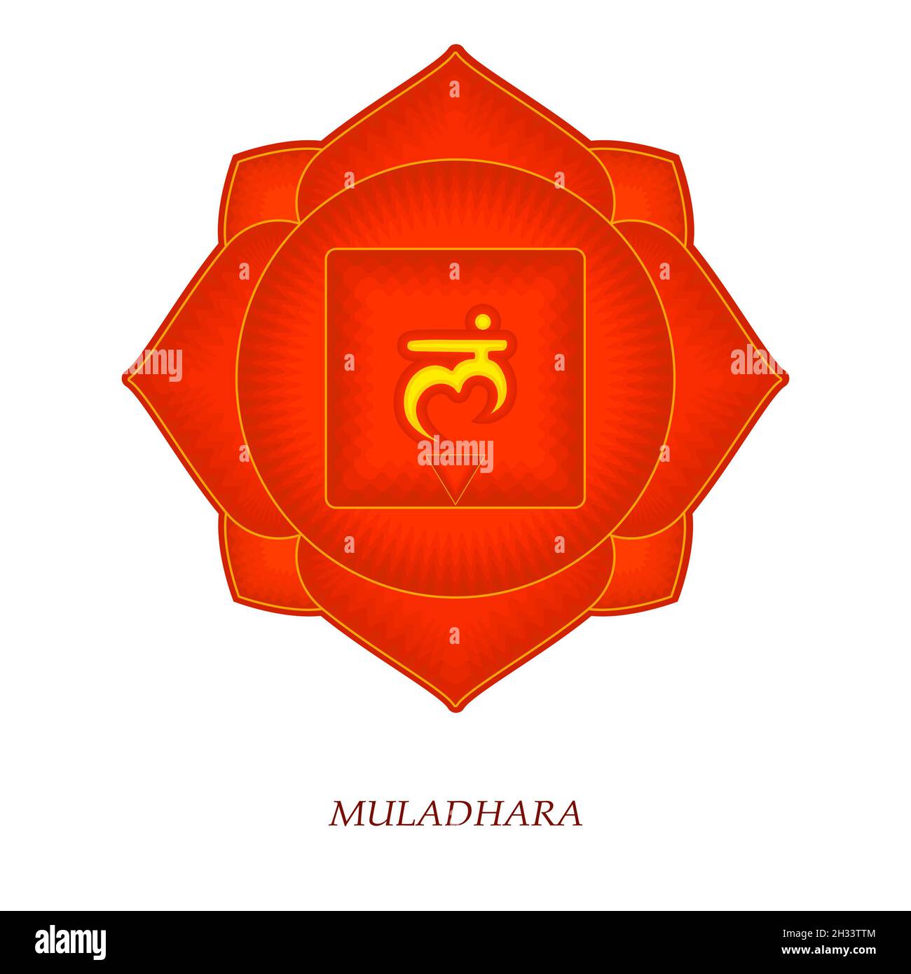 The first chakra of Muladhara. Root chakra with Hindu Sanskrit. Red is a flat symbol of ...