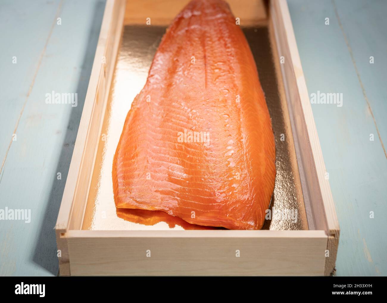 Smoked wild sockeye salmon inside wooden box Stock Photo - Alamy