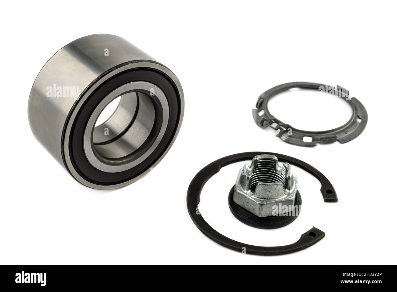 Set of auto parts on white background. New retaining ring, special nut ...