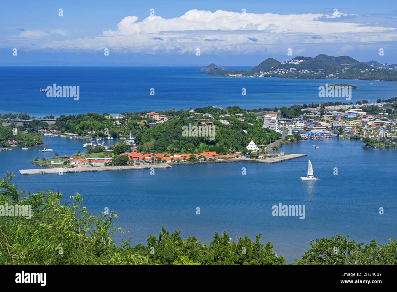 View over the bay and sheltered harbour / port of Castries, capital ...