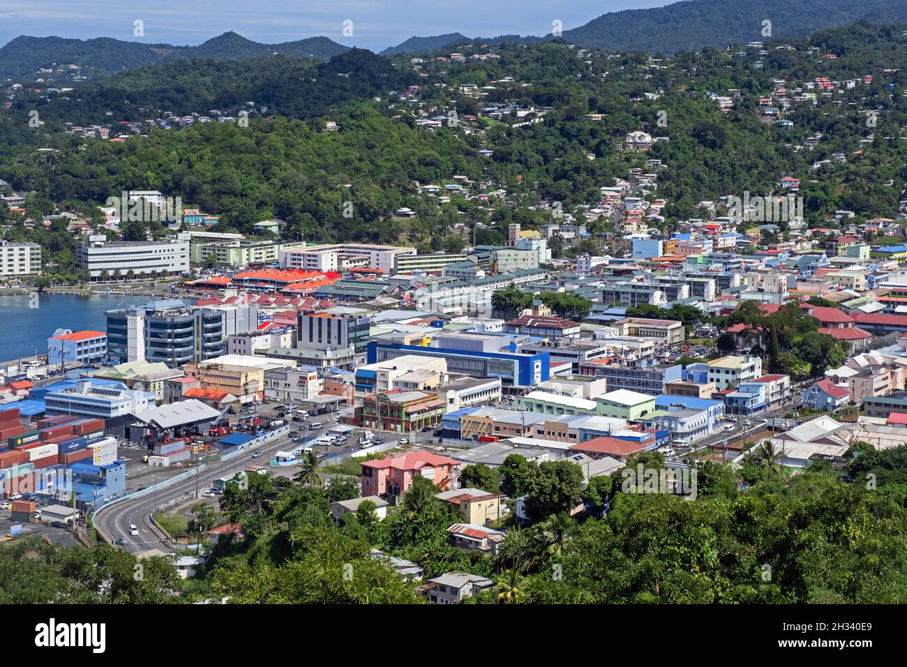 View over the harbour / port of Castries, capital city of the island ...