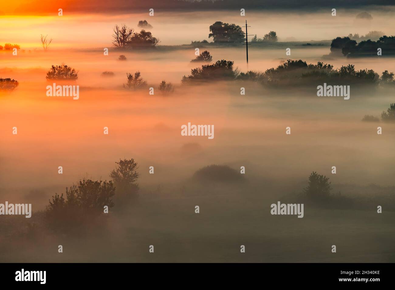 Beautiful panoramic landscape with river valley covered by thick fog in ...