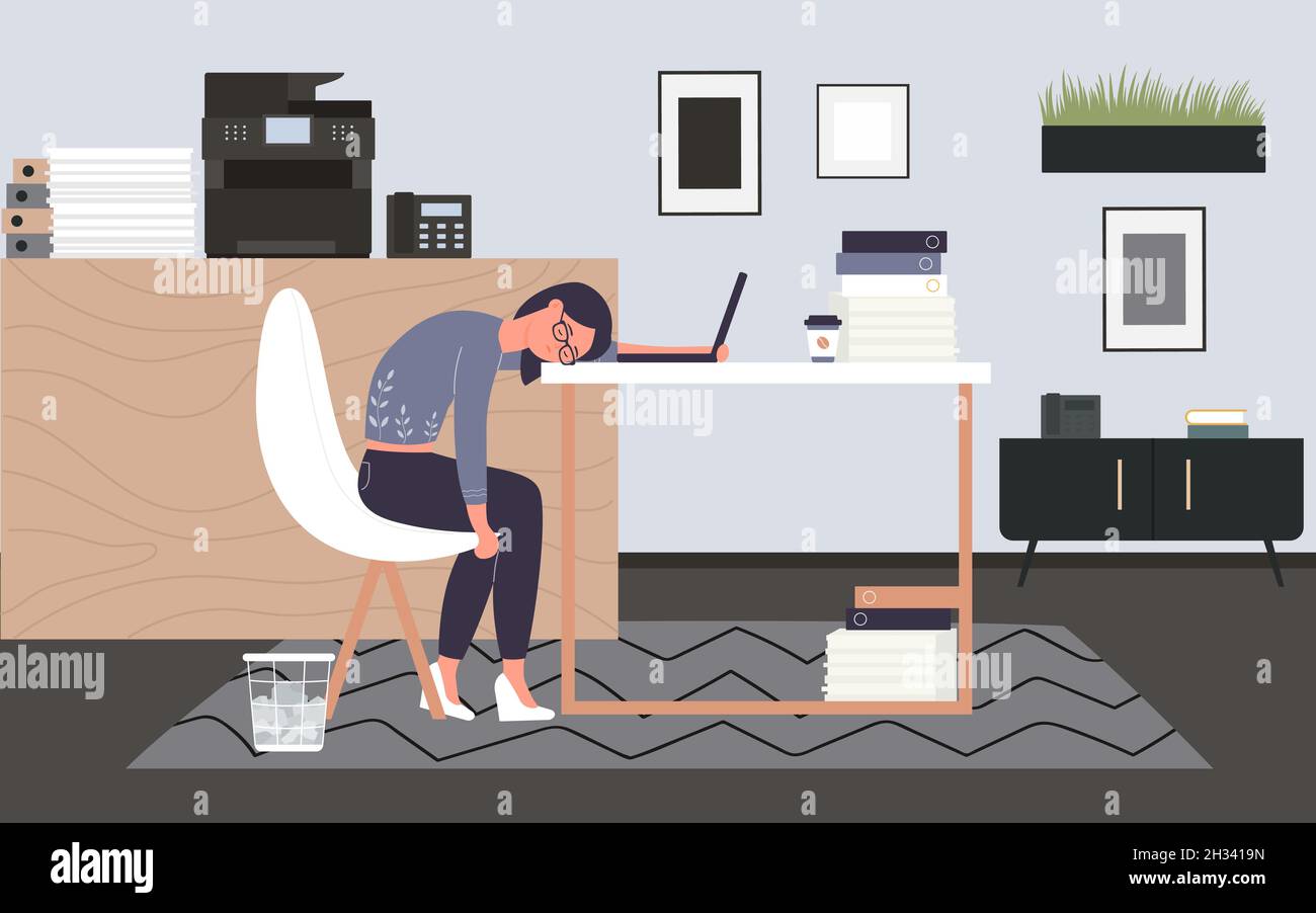 Work burnout of tired woman employee vector illustration. Cartoon ...