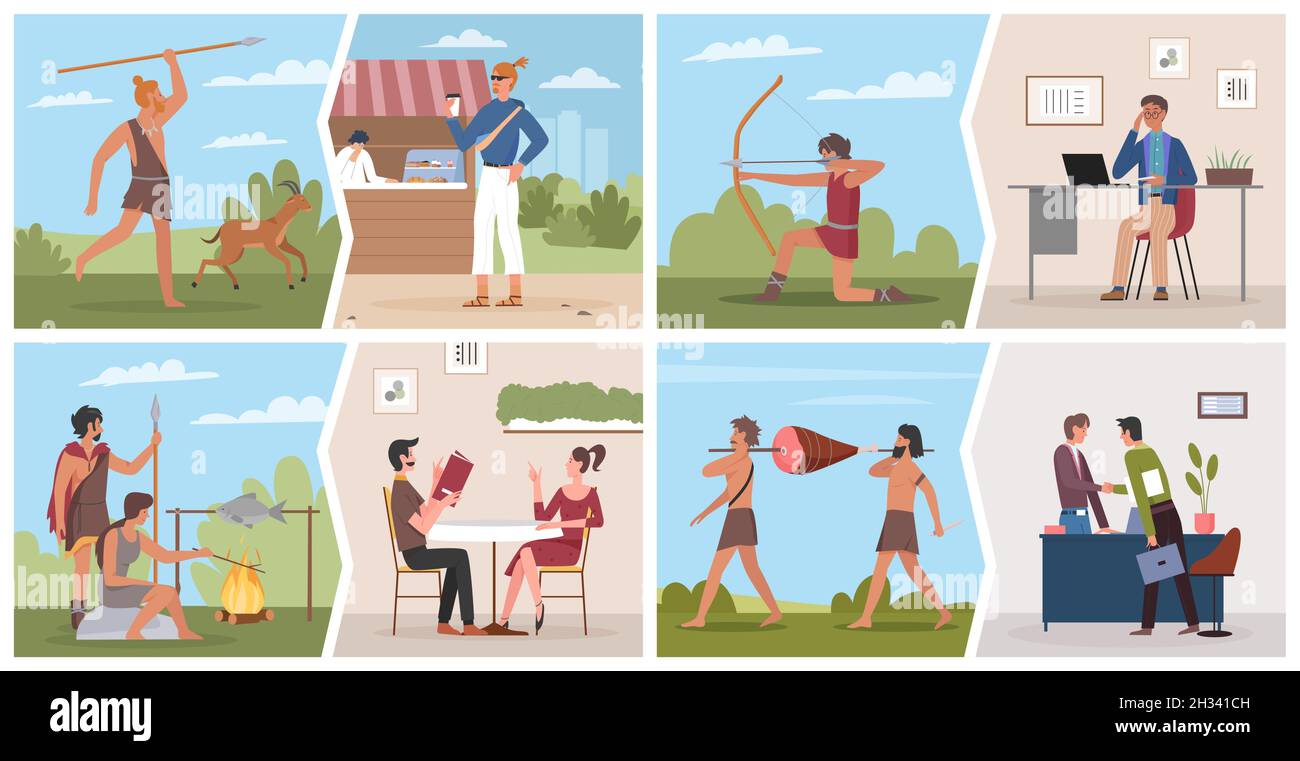 Caveman and modern people lifestyle evolution vector illustration ...