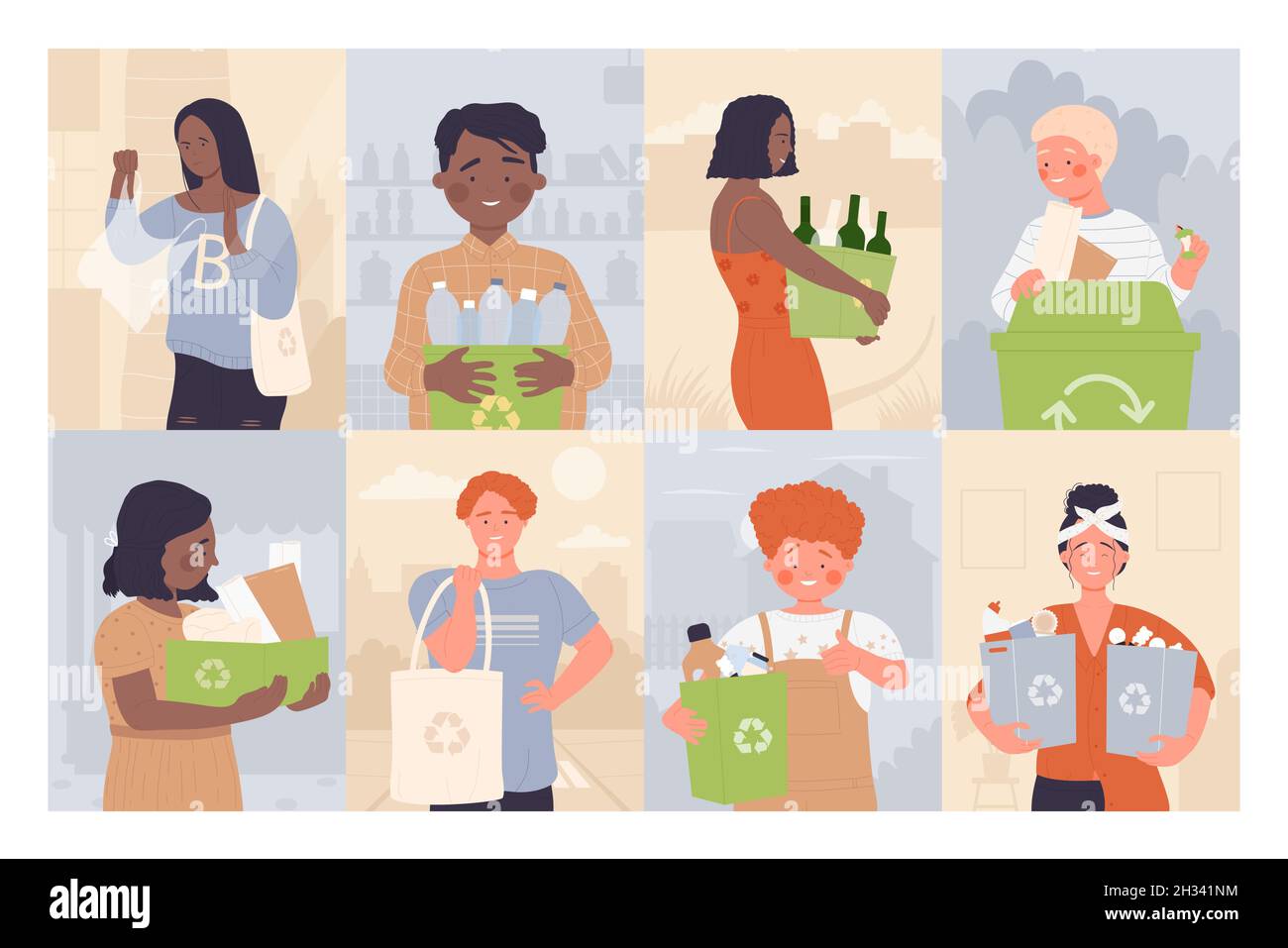 People sorting recycle garbage set, cleaning city vector illustration ...