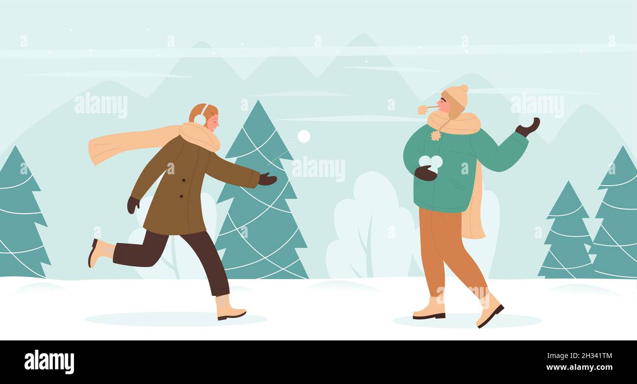Couple people play snowballs fun game in winter snow landscape vector ...