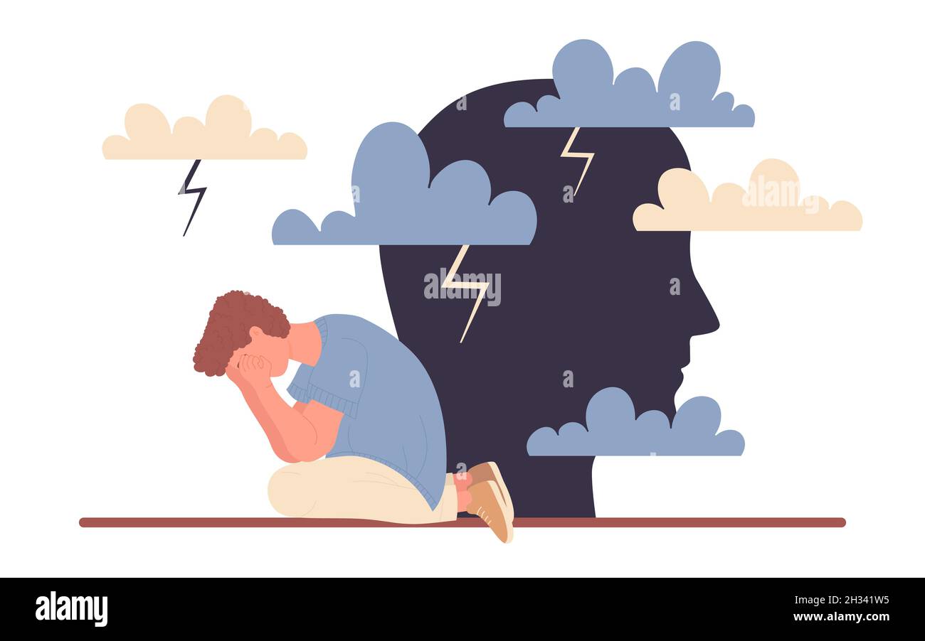 Stress disorder clouds of depressed sad teenager vector illustration ...
