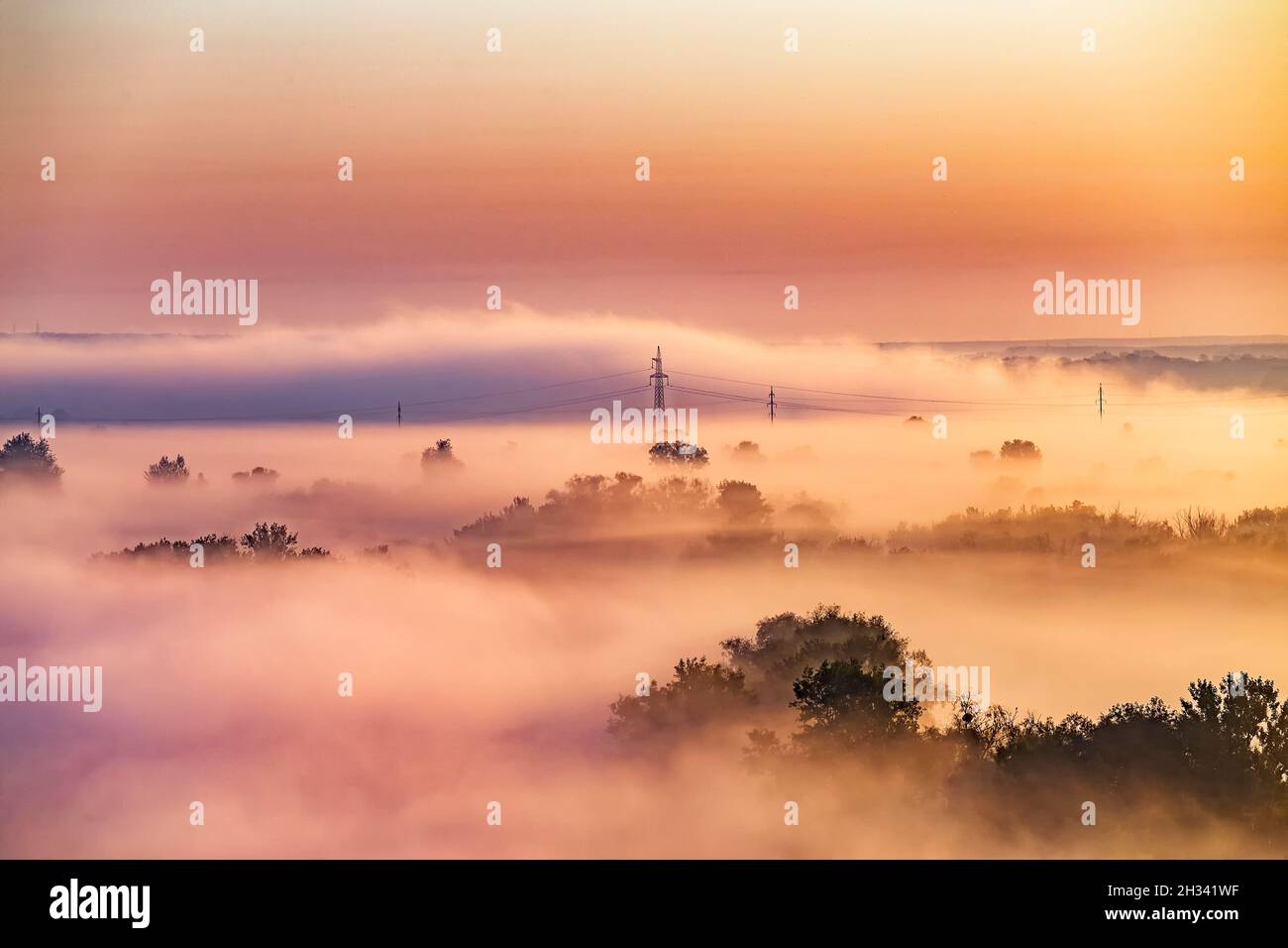 Beautiful panoramic landscape with river valley covered by thick fog in ...
