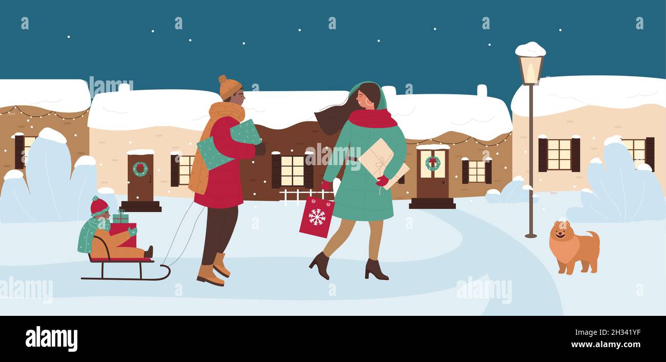 Family people walk snowy city street, buy gifts for Christmas vector ...