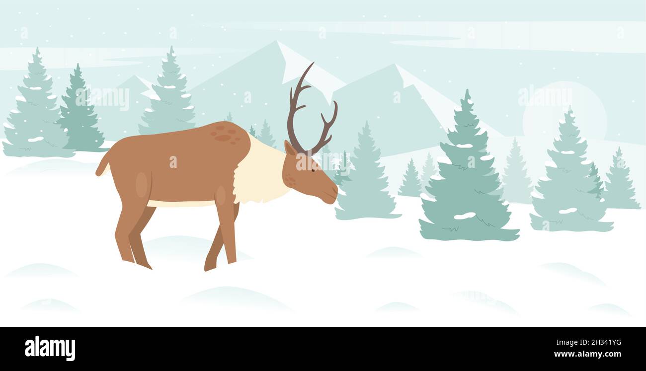 Deer in winter snow mountain landscape vector illustration. Cartoon ...